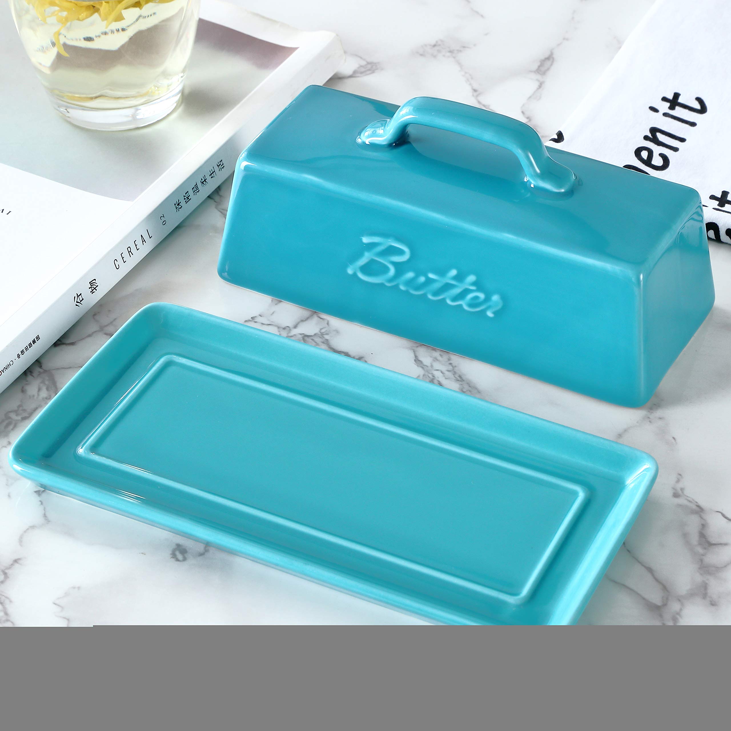 Bruntmor Porcelain Butter Keeper With Handle Cover, French Butter Dish Ceramic Butter Holder Container for Countertop, Butter Dish with Lid, Teal