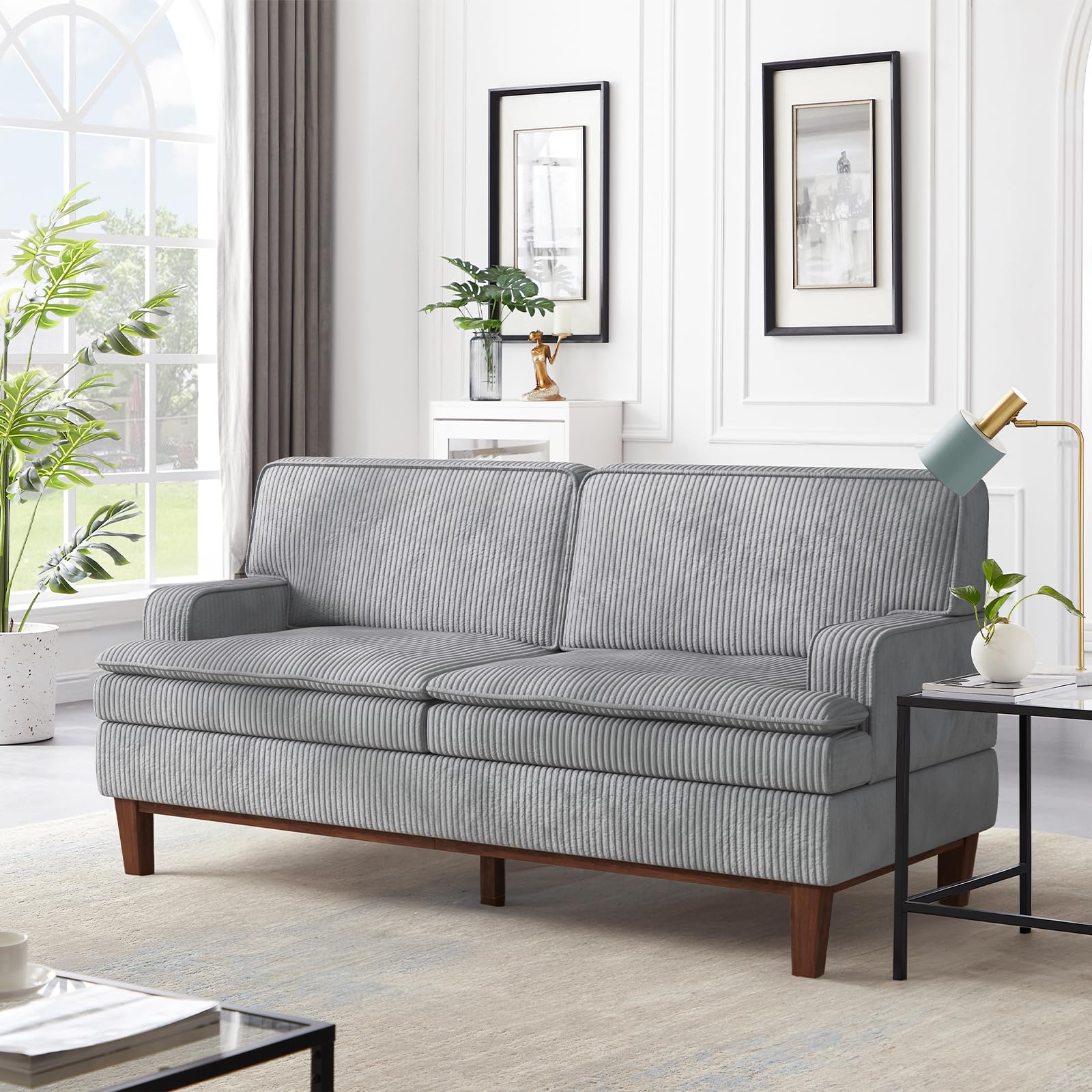 EBELLO 75â Soft Luxury Corduroy Fabric Sofa, Small 3 Seat Sofa for Living Room with Padded Seat, Overstuffed Backrest, Solid Wood Frame Small Sofa for Small Space, Apartment, Grey