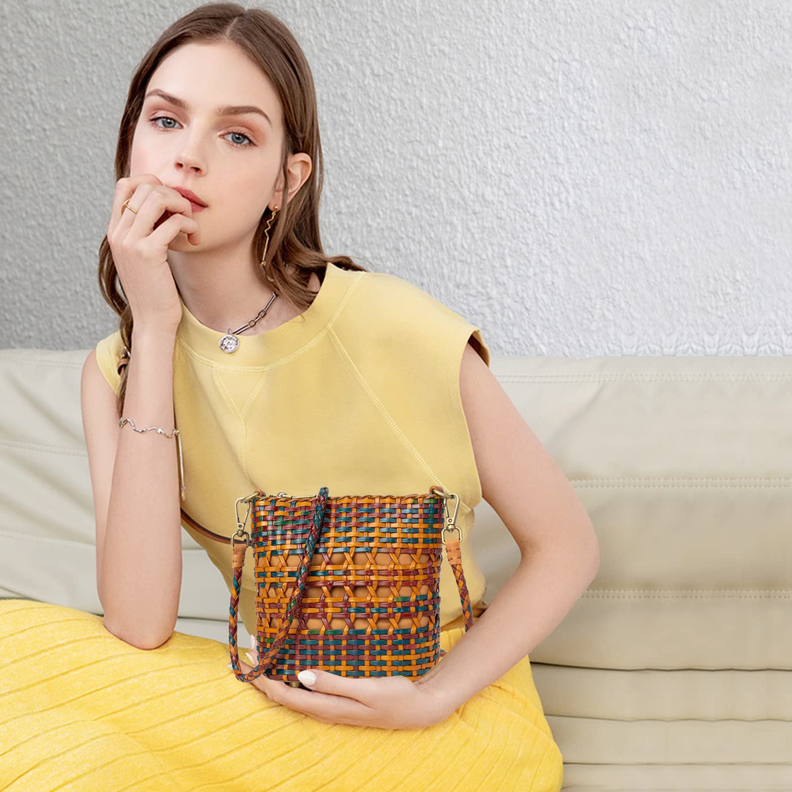 feilario Genuine Leather Handmade Woven Shoulder Handbags for Women, Small Vintage Top-handle Clutch Bag