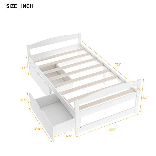POCIYIHOME Wooden Daybed with Two Drawers, Twin Size Platform Bed with Clean Lines, Modern Daybed with Slats Support, Suitable for Bedroom,Living Room and Office, No Box Spring Needed, White