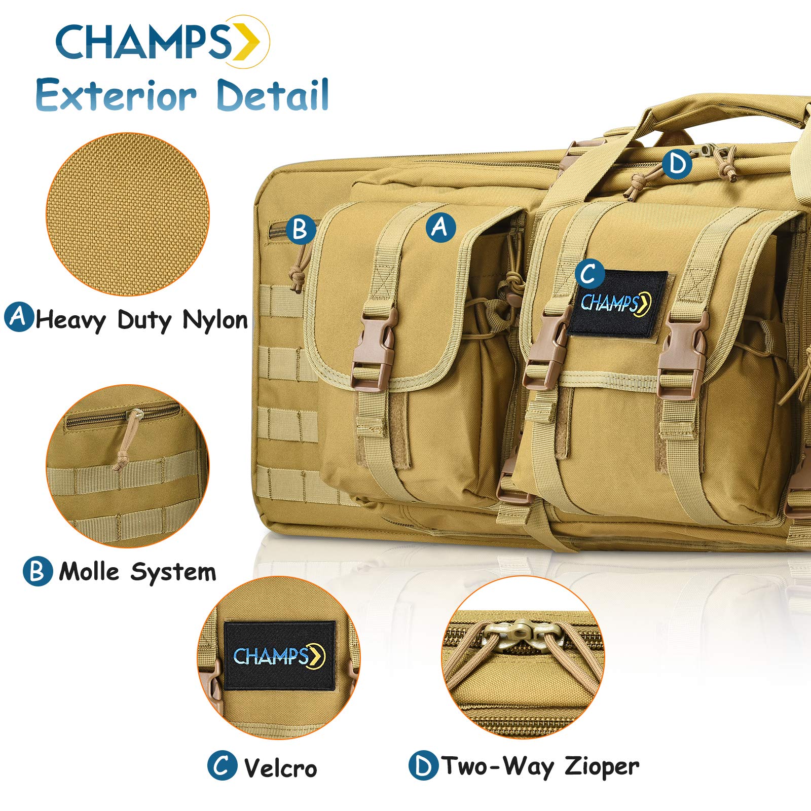 CHAMPS Rifle Case Bag, Double Rifle, Gun Case, Water Resistant & Dust Resistant for Hunting, Range, Sports, Transport [36inch, Khaki]