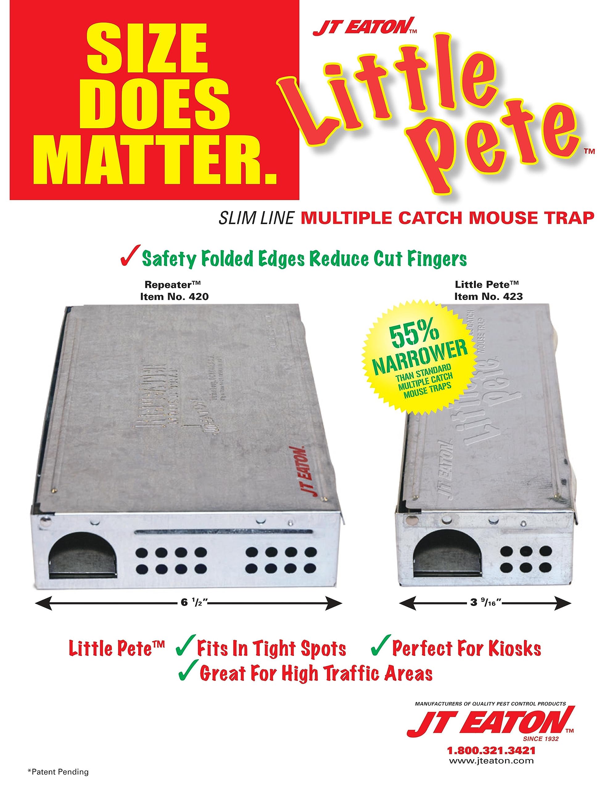 JT Eaton 423CL-BK Little Pete Slim Multi Catch Mouse Trap with Inspection Window Lid & Black Powder Coat, No Bait Pest Control (Pack of 12)