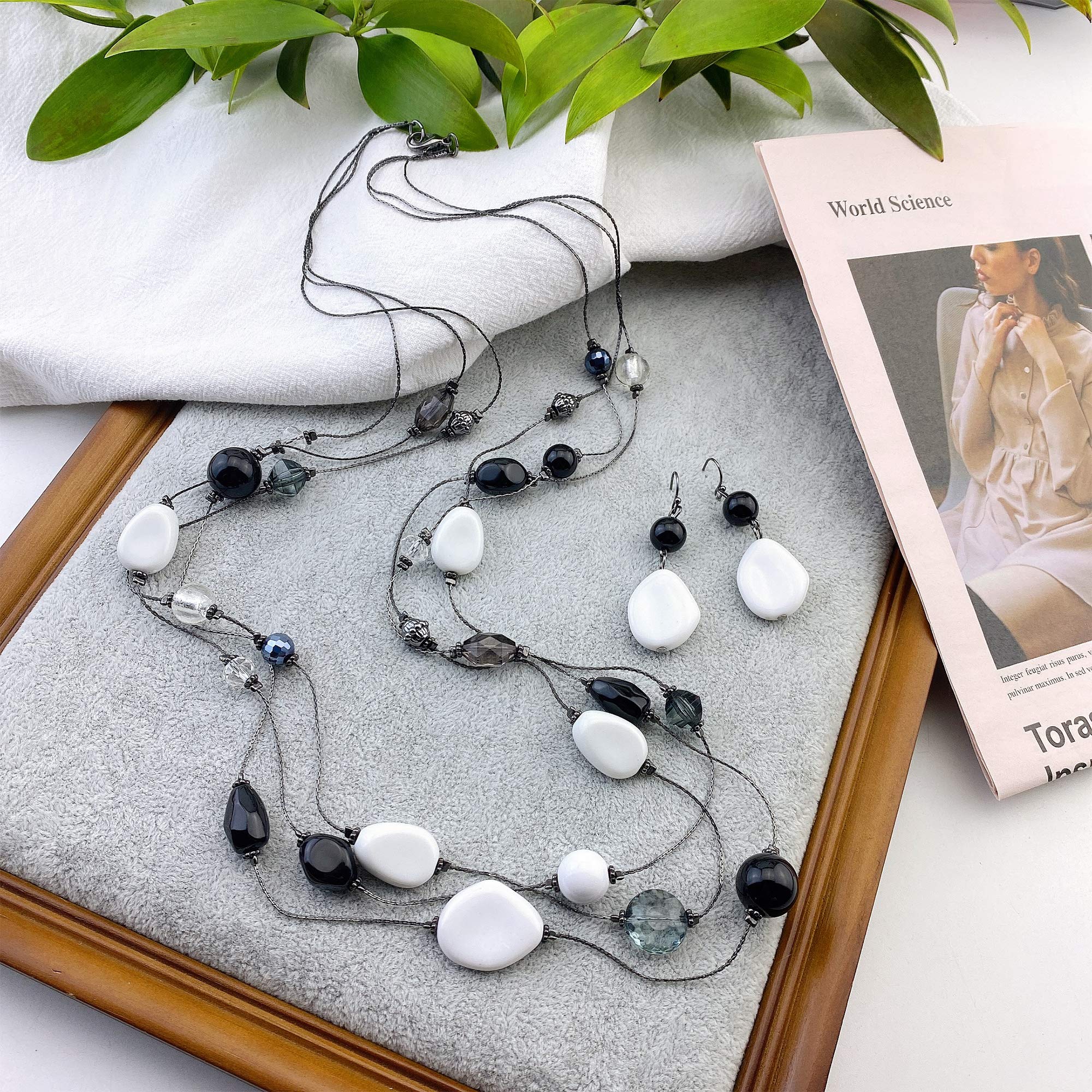 COIRIS 3 Layers Illusion Wire Long Statement Necklace Earrings Set For Women Black White Beaded (N0008-black+white)