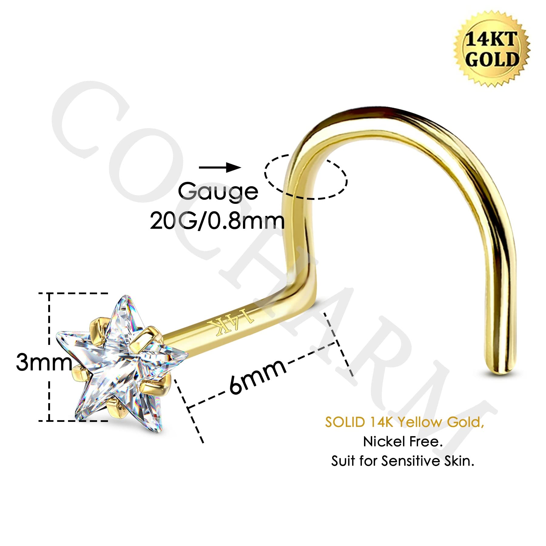 COCHARM 14k Solid Gold Nose Studs 14k Gold 3mm Nose Rings for Women Real Gold Star CZ Nose Screw 14k Hypoallergenic Nose Piercing Gold
