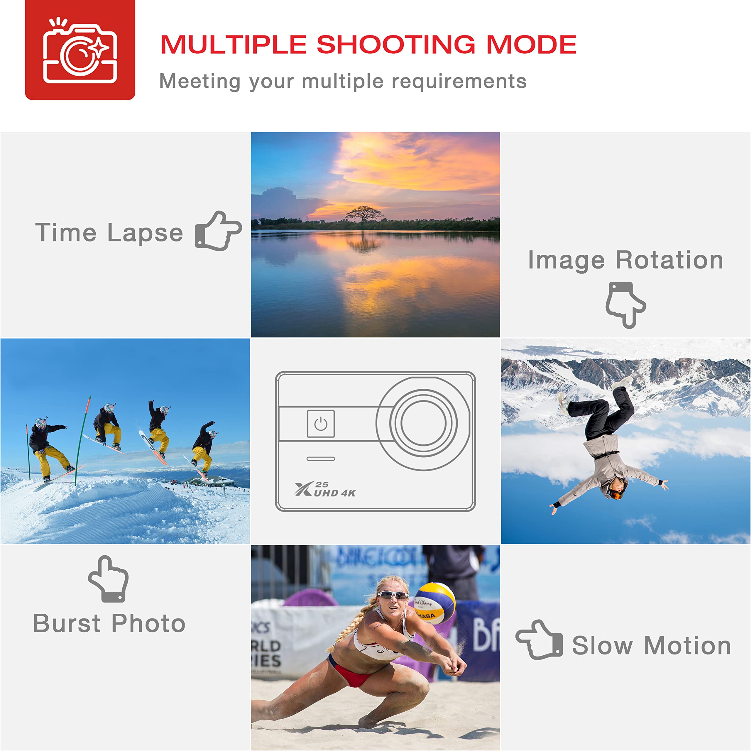 CAMWORLD Action Camera 4K WiFi Waterproof Underwater Camera 170° Wide Angle Ultra HD Sports Cam with 2 Batteries and Accessories