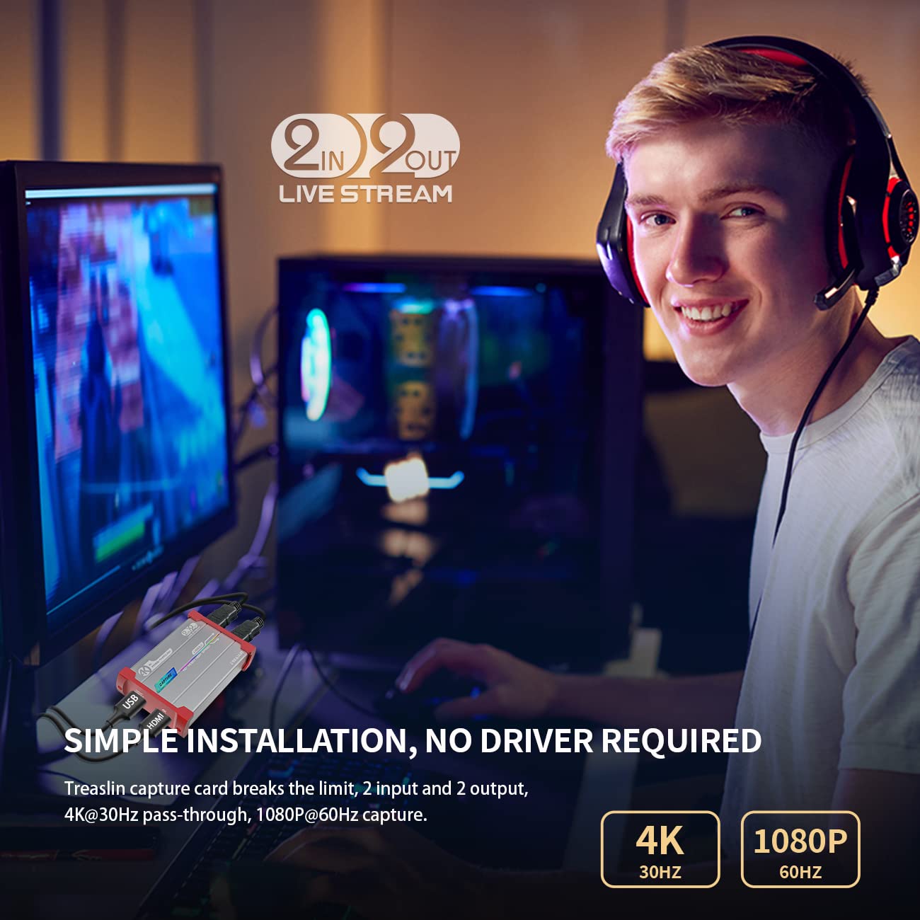 Mirabox Dual HDMI Capture Card for Streaming 2 in 2 Out,Support Dual 4K@30Hz Input,4K@30Hz Passthrough,USB3.0 1080P Capture for OBS Camera DSLR Live Streaming