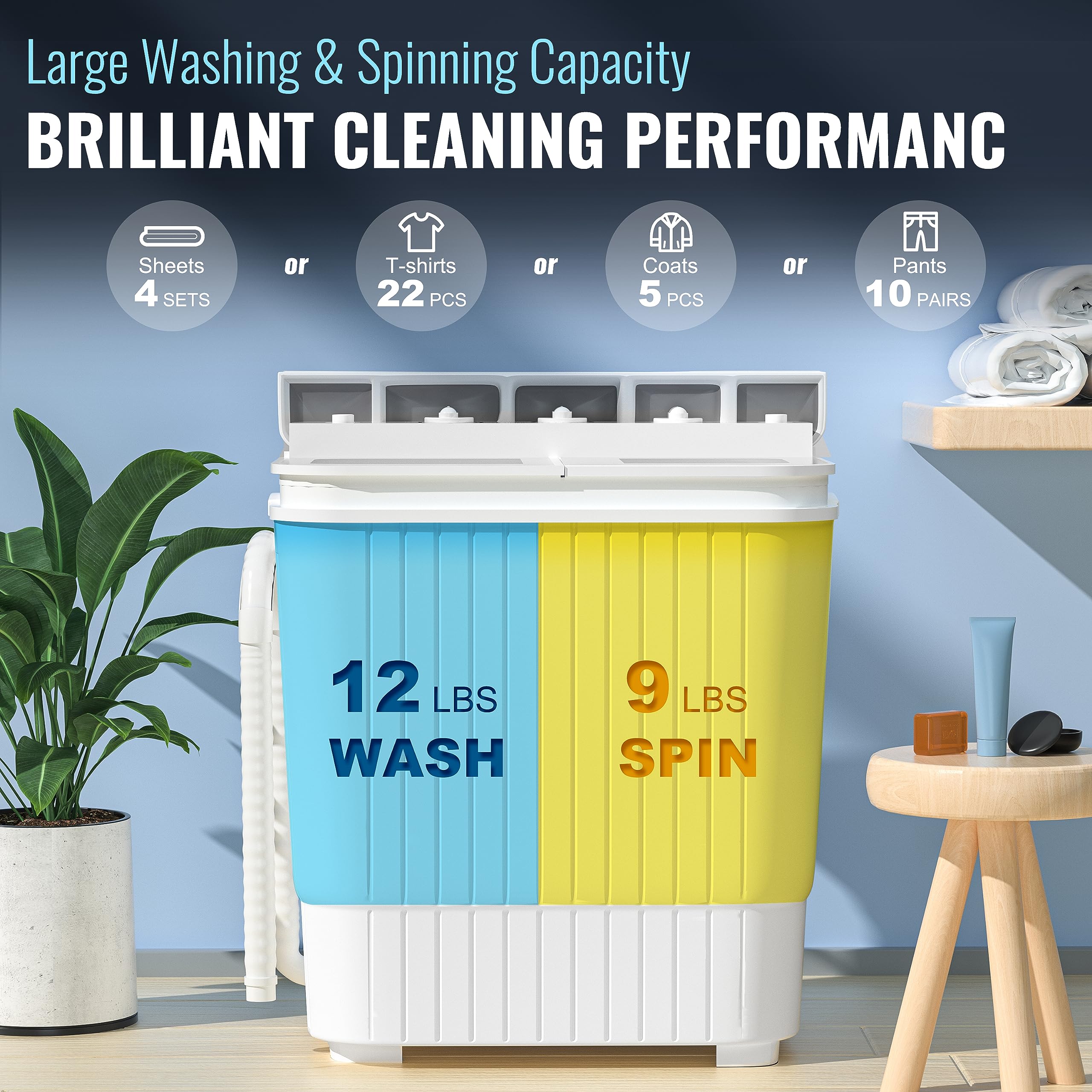 Bonusall Portable Washing Machine Compact 21.6 lbs, Mini Washer and Spin Dryer Combo, Built-in Gravity Drain, Small Twin Tub Washing Machine for Apartment/Dorms/RV, Grey