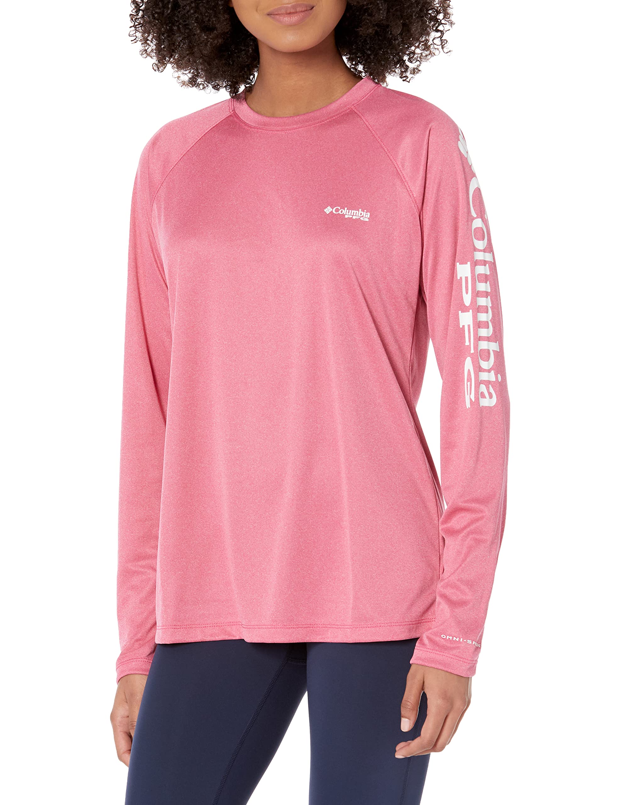 Columbia Women's Tidal Tee Heather Long Sleeve, Ultra Pink Heather/White Logo, X-Large