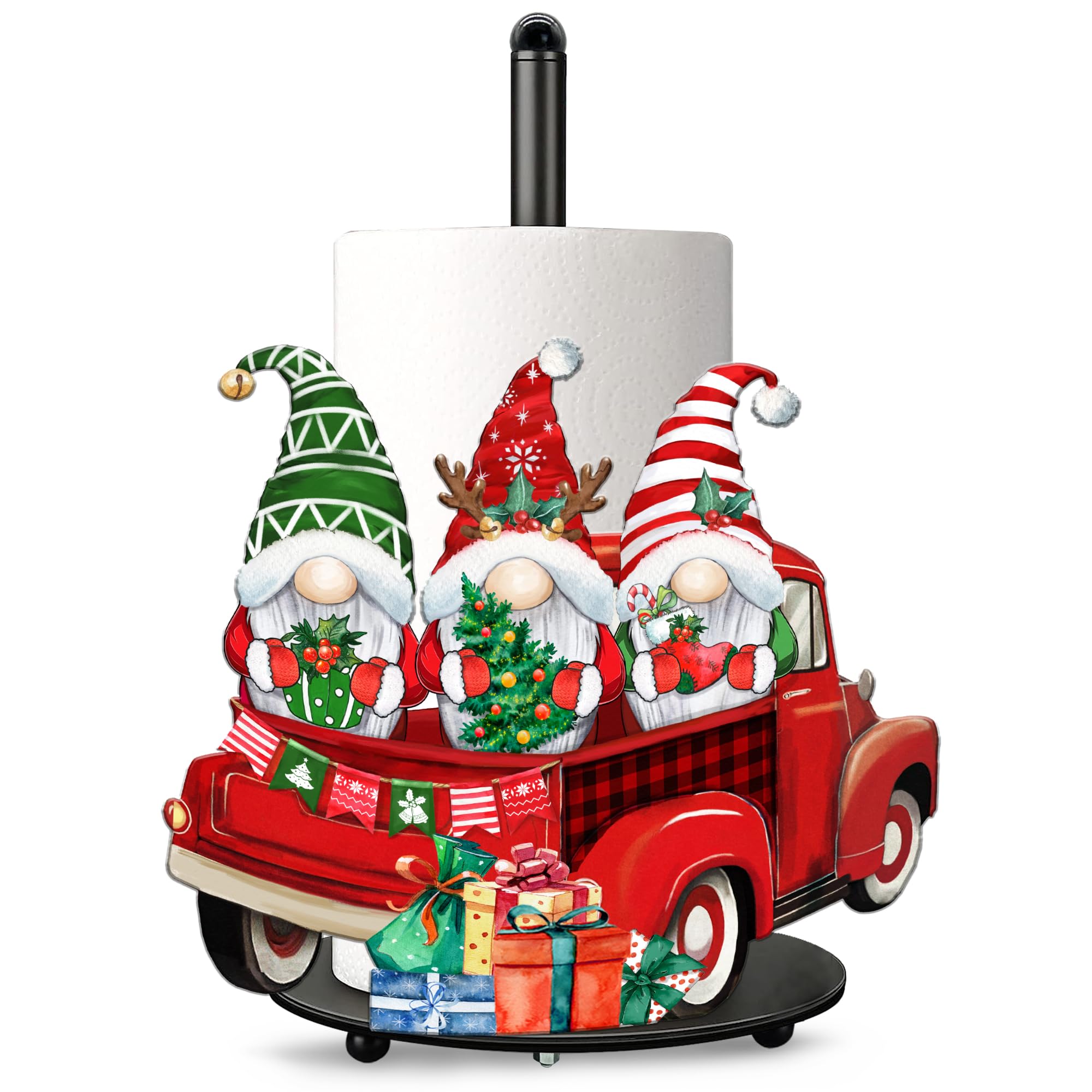 Christmas Paper Towel Holder, Gnome Red Truck Christmas Decorations Indoor Metal Paper Towel Holders for Kitchen Countertop Bathroom Home, Christmas Decor Gnome Gifts for Women Men 6.7x6.7x13.4 inch