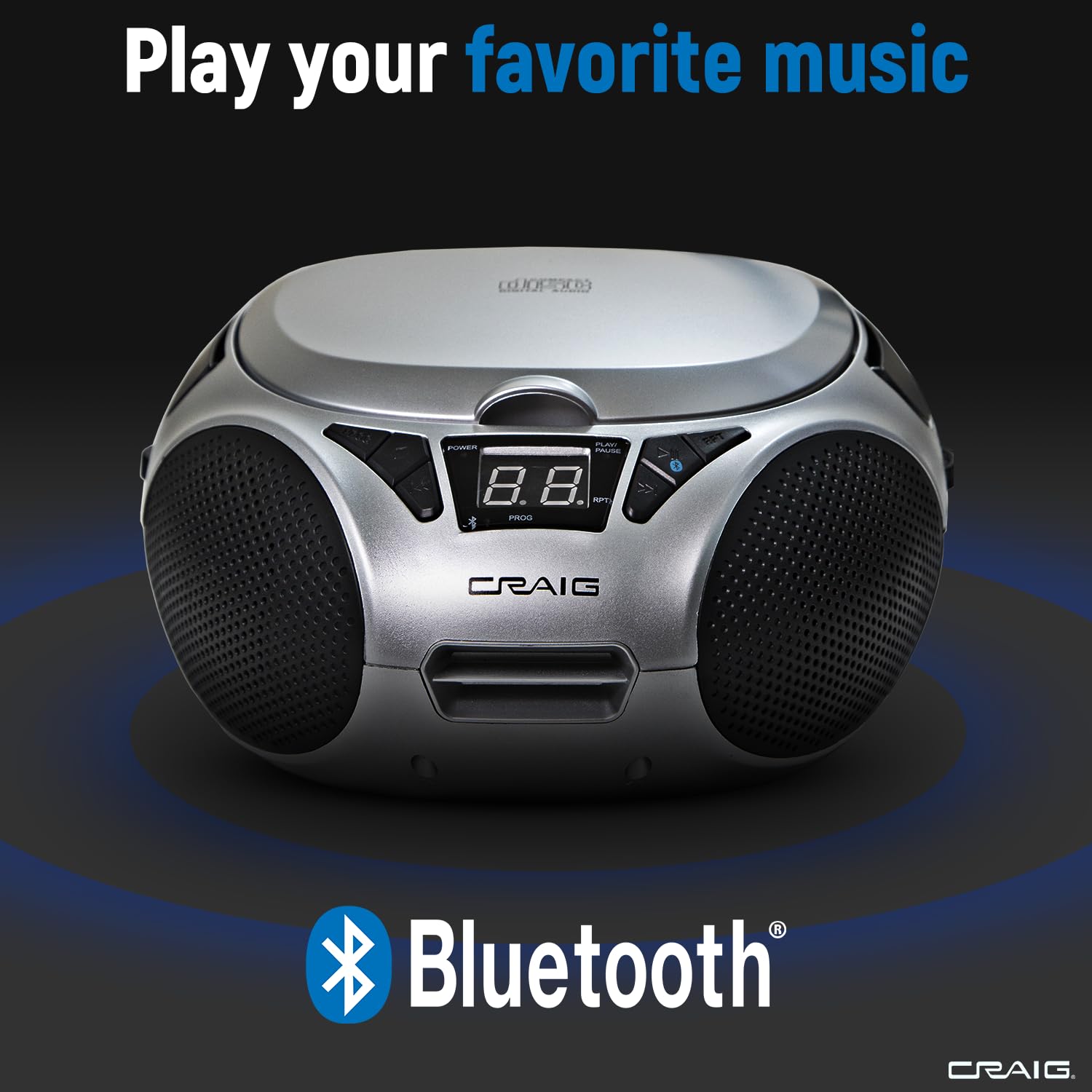 Craig CD6925 Portable Top-Loading Stereo CD Boombox with AM/FM Stereo Radio Bluetooth Wireless and AUX Port (Silver, Bluetooth)