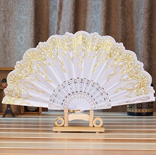 CANAFA Style Held Dance Lace Silk Chinese/Spanish Hand Flower Wedding Fan Party Folding Tools & Home Improvement Purple Paper Flowers Decorations (White, One Size)