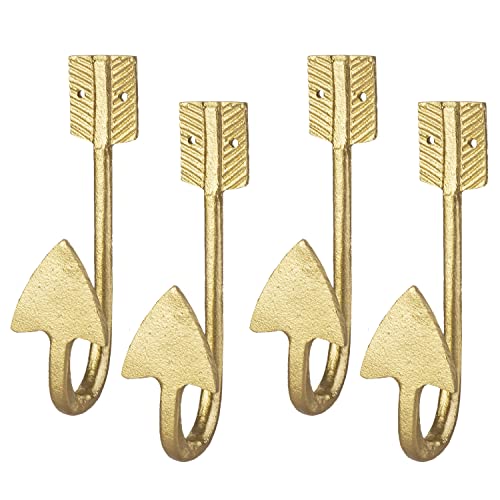 MyGift Handcrafted Vintage Gold Metal Wall Mounted Coat Hook with Arrow Shaped Design, Entryway Hanging Storage Hooks, Set of 4 - Made in India