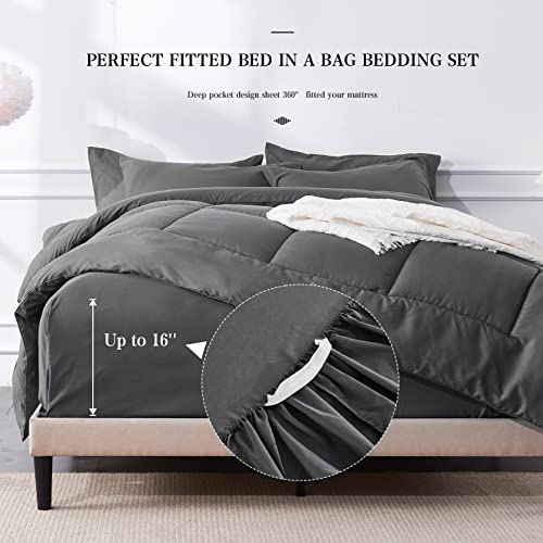 Newspin Full Bed in a Bag - 7 Pieces Dark Grey Comforter Set, Lightweight All Season Ultra Soft Bedding Comforter Set with Comforter, Flat Sheet, Fitted Sheet, Pillowcases & Shams