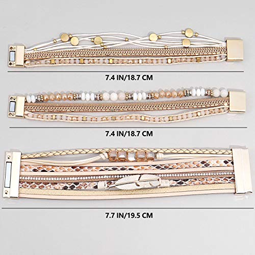 Wovanoo Leather Wrap Bracelet Set 3Pack Multilayer Cuff Bracelet Magnetic Clasp Bracelet Bead Crystal Bracelet for Women Girls Crystal