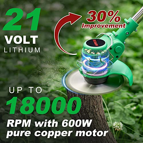 HUDAEN Cordless Grass Trimmer Weed Wacker, 3-in-1 String Trimmer Lawn Edger with 21V 2Ah Li-ion Battery for Garden and Yard with Wheel, Lightweight Adjustable Height Weed Eater Tool (Green)