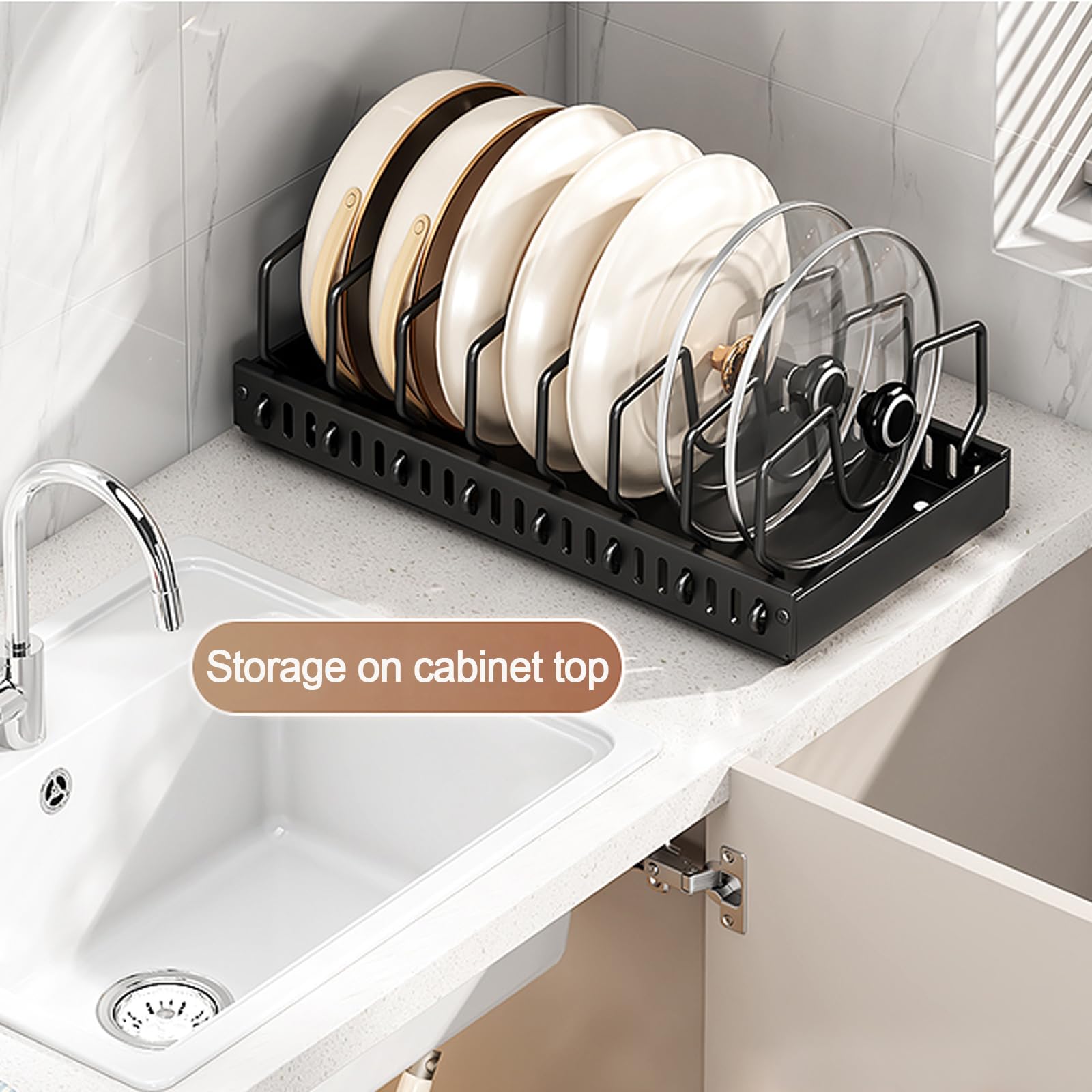 Enskatec Pots and Pans Organizer Under Cabinet, Sliding Pot Lid Holder and Pan Rack in Kitchen, Pull out Pot and Pan Organizer, for Pot Lid, Bakeware, Dishes, Pots and Pans Storage