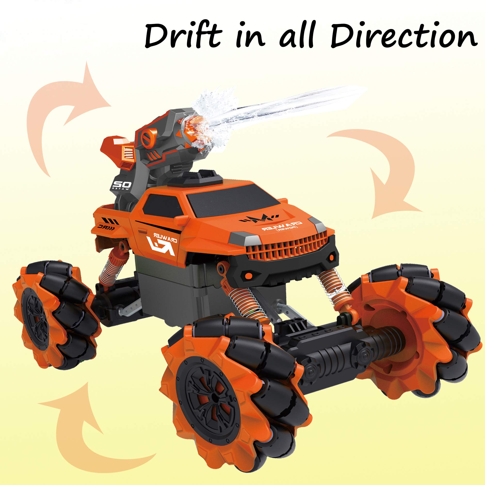 Vaiyer RC Rechargeable, Remote Control Stunt Car for Kids w/ 2-in-1 Interchangeable Toy Bubble Blaster and Water Gun Tops, Rock Crawler Off Road Vehicle w/ 360 Degree Movement (Orange)