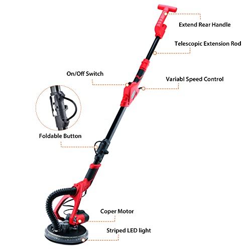 Electric Drywall Sander,750W Popcorn Ceiling Sander with Double-Deck LED Lights,Power Drywall Sander with 6 Variable Speed,1000-2100 RPM,Extendable Aluminum Handle,Long Vacuum Pipe,12 Sanding Papers