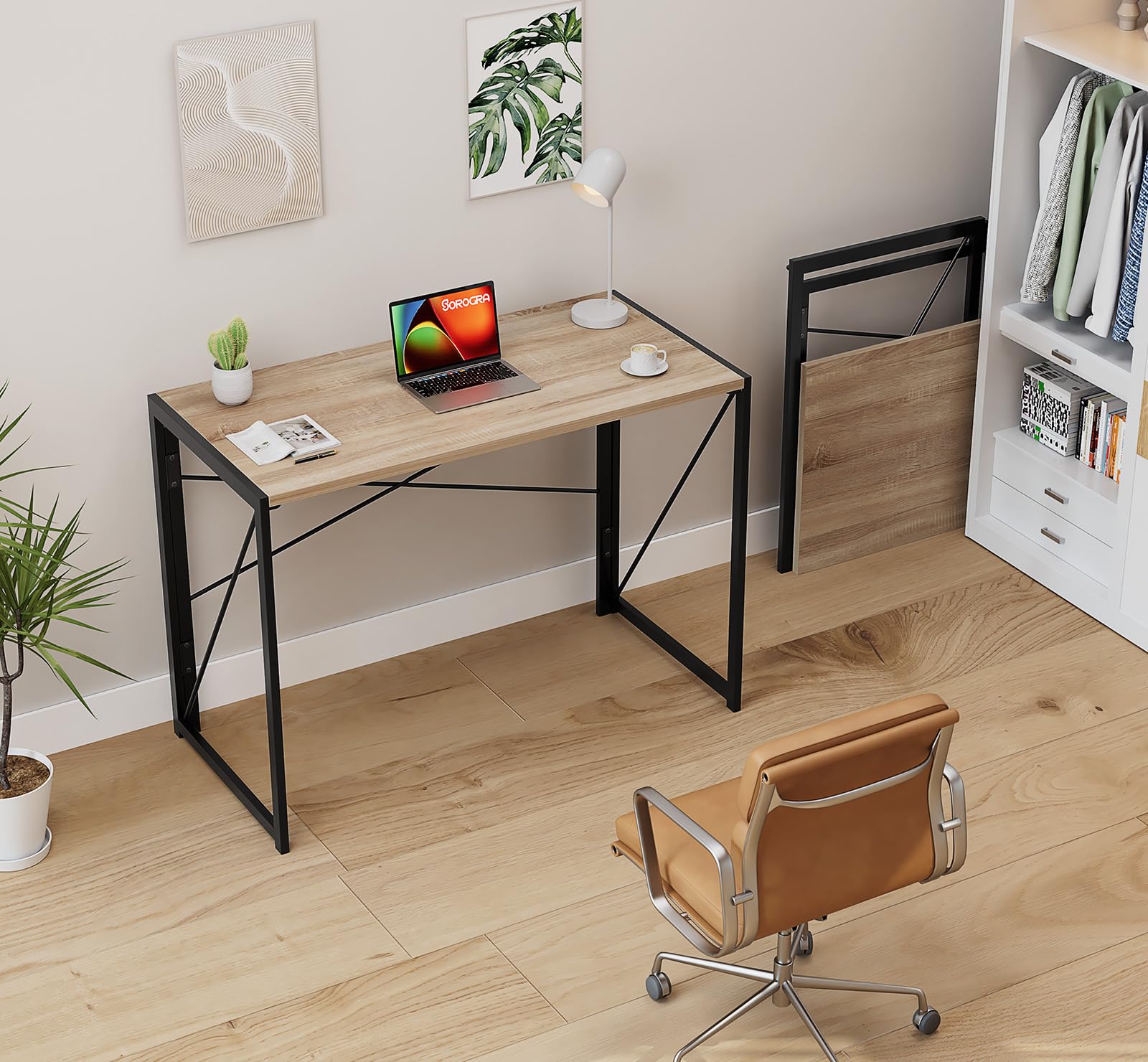 Coavas Computer Desk Writing Study Desk Folding Laptop Table for Home Office Modern Simple Workstation Brown Desktop Black Frame