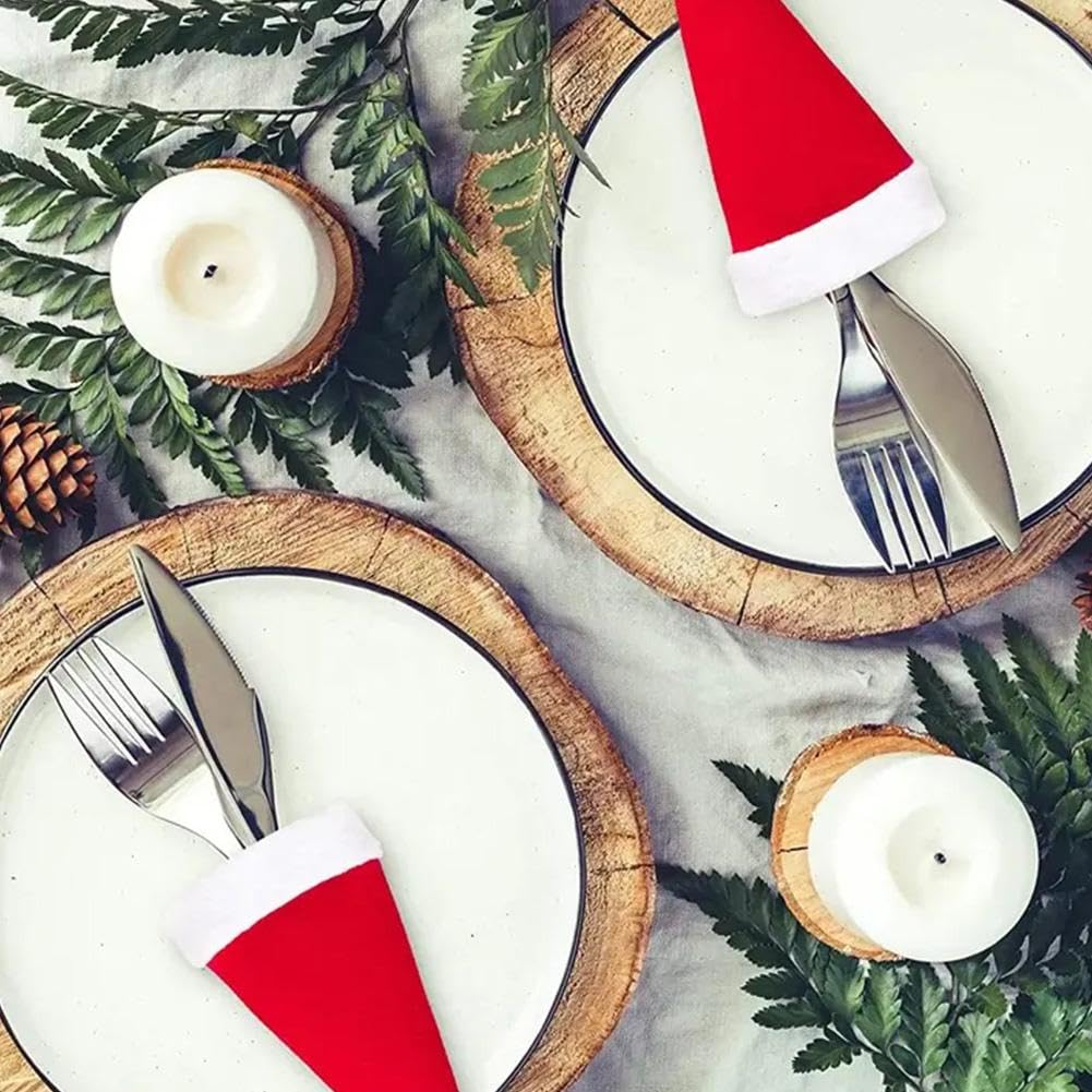 Christmas Santa Hats Silverware Holders,Xmas Party Dinner Table Dinnerware Decorations,Mini Santa Hats for Silverware Holders, Candy Covers, Wine Bottle Decor