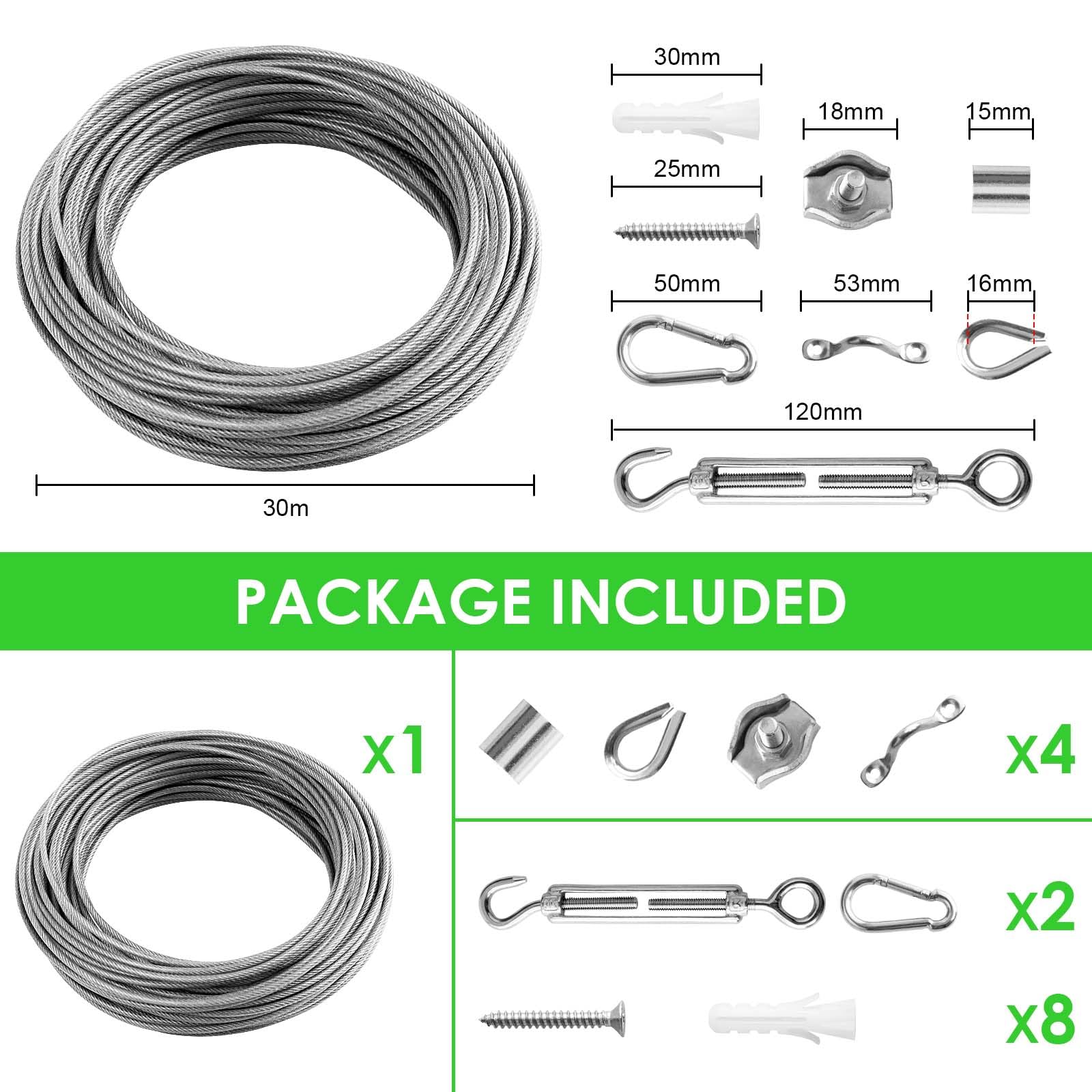 Vousile 98ft Clotheslines, Turnbuckle Wire Tensioner Kit with 3mm 30m Stainless Steel Wire Rope for Camping Travel, Strings Hanging, Shade Sails, Drying Clothesline