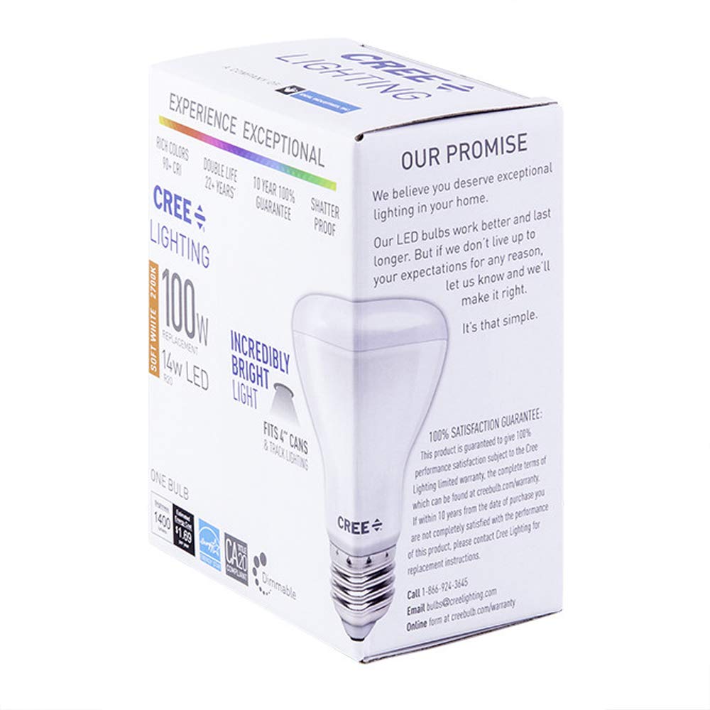 Cree Lighting R20 Indoor Flood 100W Equivalent LED Bulb, 1400 lumens, Dimmable, Soft White 2700K, 25,000 Hour Rated Life, 90+ CRI | 1-Pack