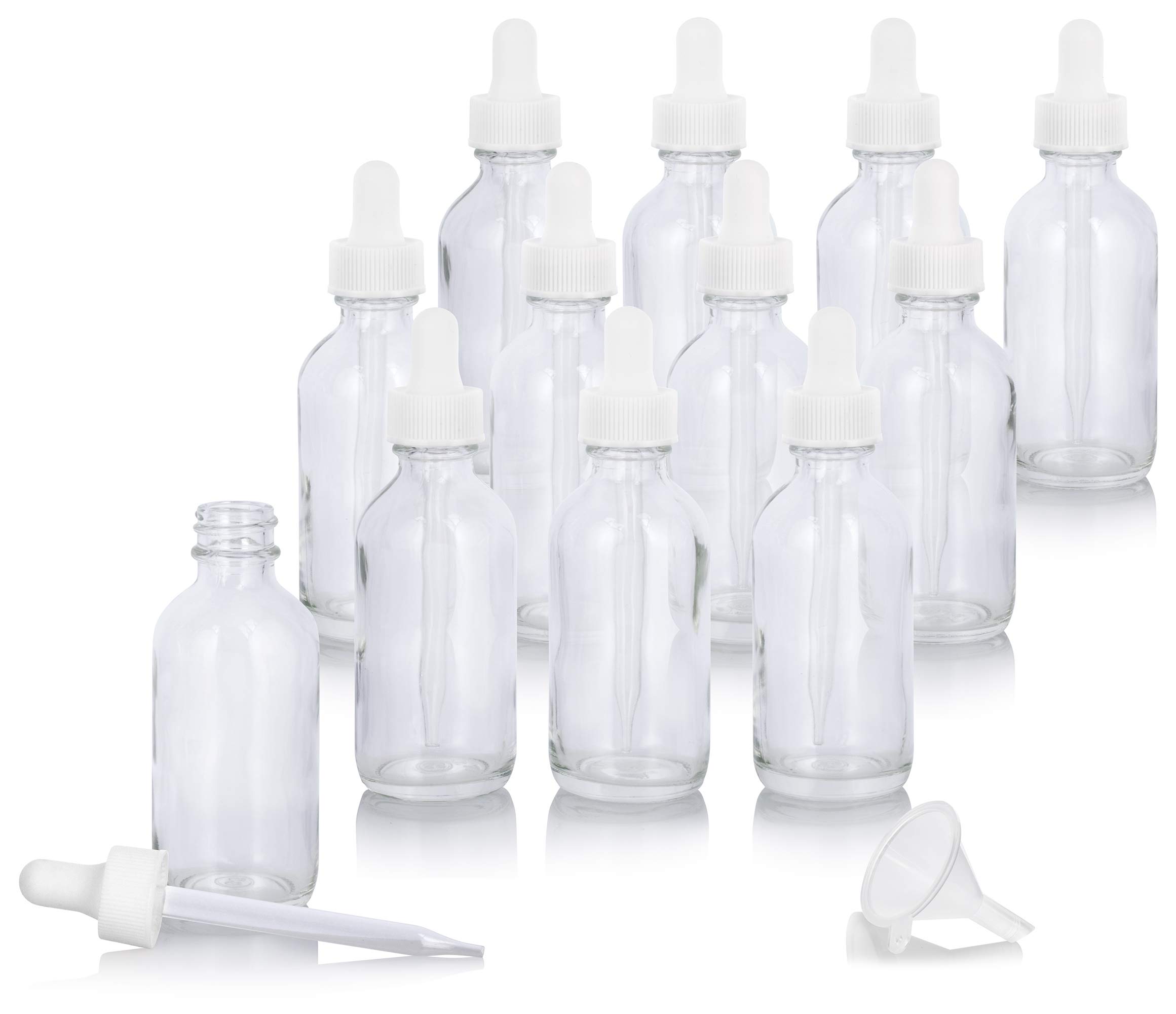 JUVITUS 2 oz Clear Glass Boston Round White Dropper Bottle (12 pack) + Funnel