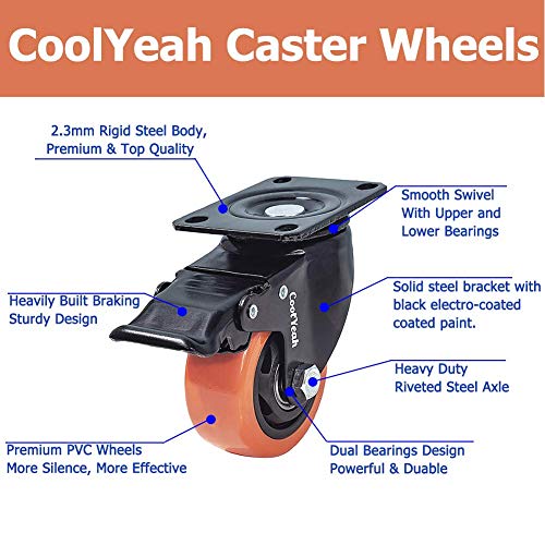 CoolYeah 3 inch Swivel Plate PVC Caster Wheels, Industrial, Premium Heavy Duty Casters (Pack of 8, 4 with Brake & 4 Without)…