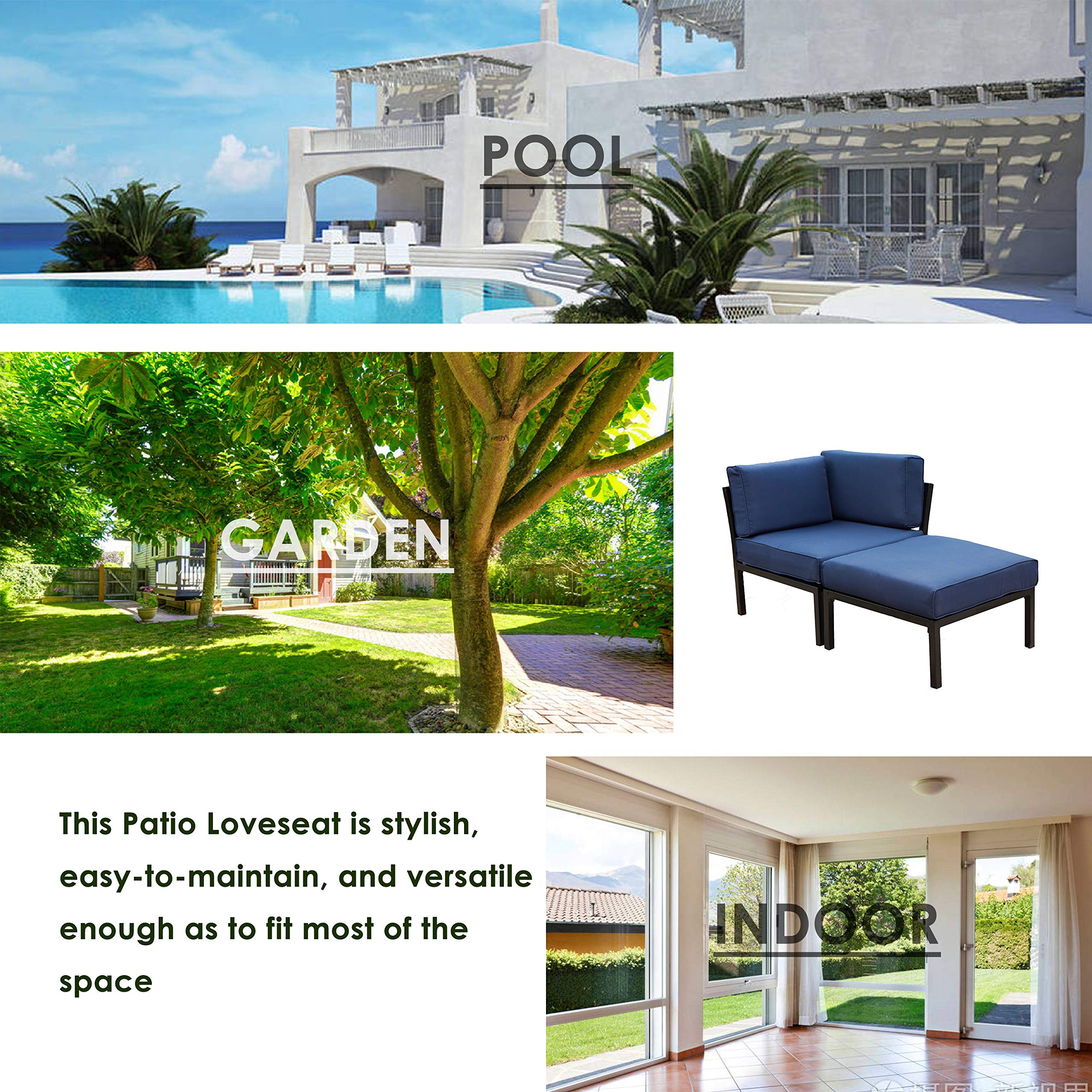 LOKATSE HOME 2 Piece Patio Furniture Set Sectional Balcony Corner Outdoor Loveseat Couch Armchiar Sofa with Ottoman Metal Steel Frame, Blue