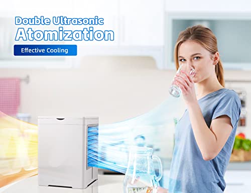 Portable Air Conditioner 3 Speed Evaporative Rechargeable Cooler Fan with Led Light, Personal Mini Humidifier Fan for Your Desk, Nightstand, Coffee Table, Room, Bedroom, Office & Kitchen