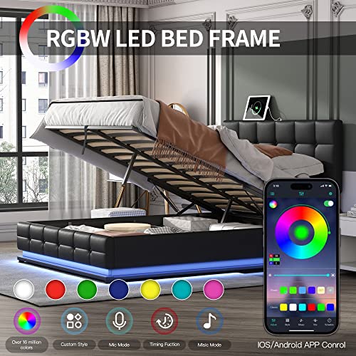 Gustonhon Queen Size Lift Up Storage Bed/Faux Leather Headboard with Storage and LED Lights and USB Charger,Hydraulic Storage System for Kids Teens and Adults, No Box Spring Needed(Black, Queen)