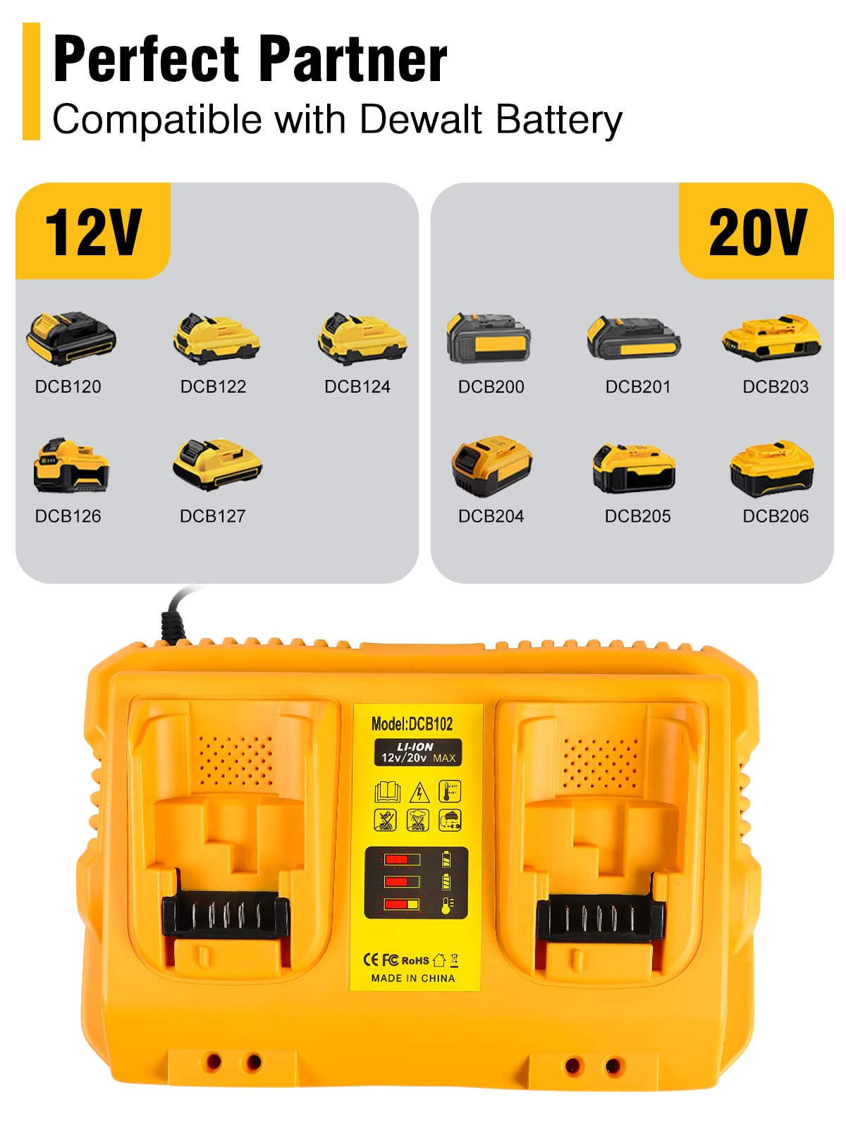 COOMYXIN DCB102 Battery Charger Station for Dewalt 12V/20V Batteries - Replacement Charger for Dewalt Power Tools