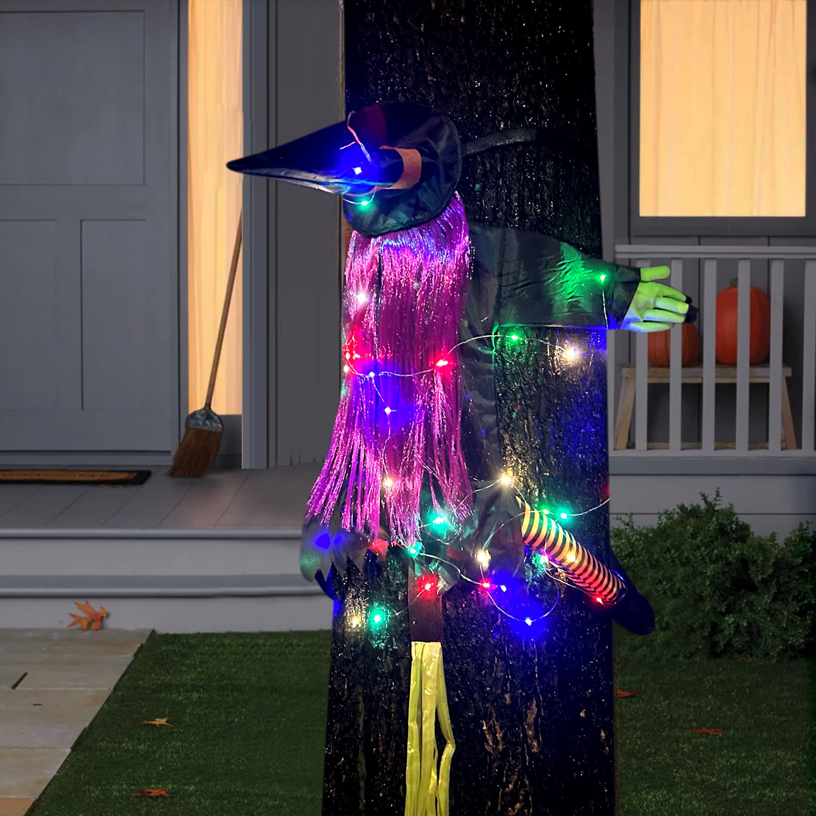 Crashing Witch into Tree for Halloween Decoration,Hanging Halloween Witch Props with Light String for Outdoor Tree Porch Garden Patio Halloween Decor Party Supplies (LED Crashing Witch)