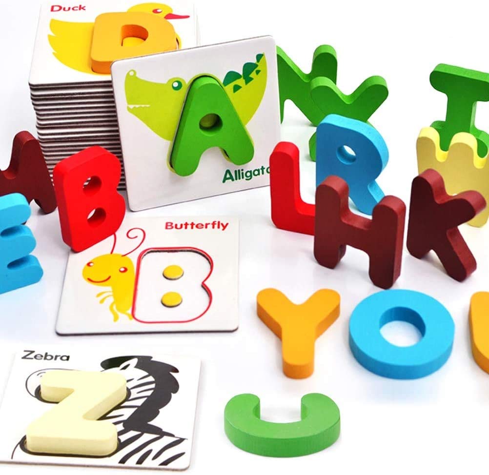 Vankcp 26Pcs Wooden Letters Card Numbers Alphabets ABC Flash Cards Set Montessori Animal Color Cognition Matching Puzzle Game