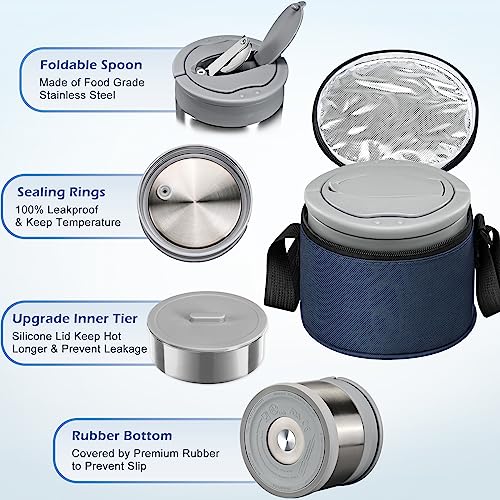 MAXSO Soup Thermos for Hot Food - 24 oz Vacuum Insulated Lunch Container with Foldable Spoon & Thermal Bag, Wide Mouth Bento Box for Adults (Silver)