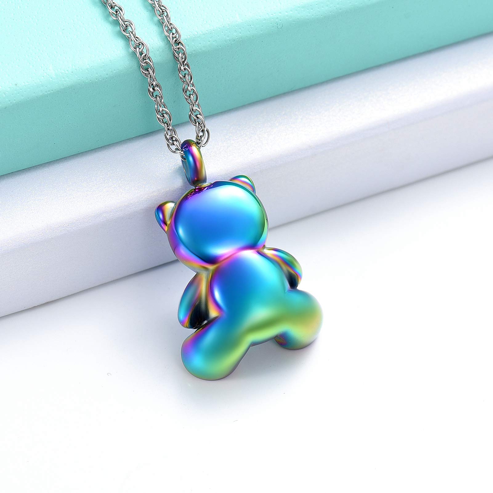 Cremation Jewelry Urn Nekclaces for Ashes for Women Gilrs Teddy Bear Keepsake Memorial Necklace for Human Pet Baby Ashes,Rainbow