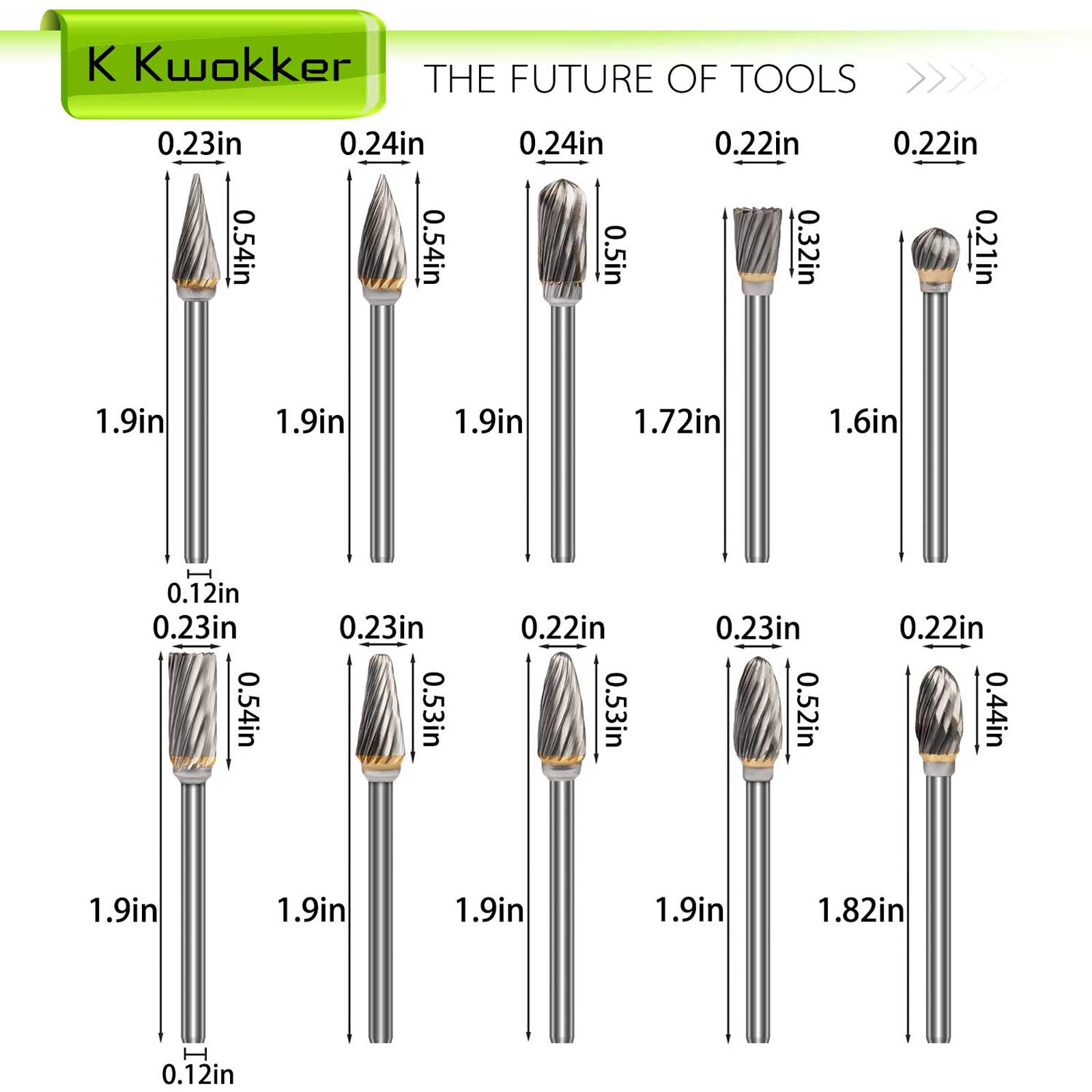 K Kwokker Tungsten Carbide Burr Set 1/8 Shank Diamond Files HRA85 Rotary Tool Accessory Kit, Drill Chucks Accessories for Dremel Rotary Drill Air Die Grinder for Metal Polishing, Wood Carving