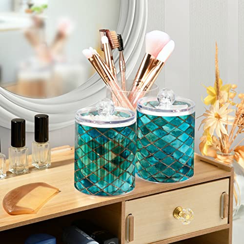 MCHIVER Teal Mermaid Bathroom Canisters Organizer 2 Pack Clear Plastic Jars with Lids 10 Oz Vanity Organizer for Cotton Round Pads Ball Swab Floss