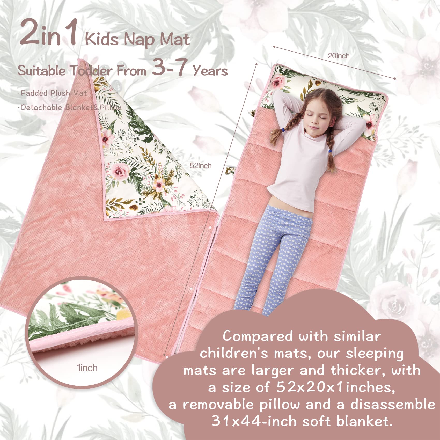Dad-Baby Toddler Nap Mat with Removable Blanket and Pillow, Extra Large Rolled Napping Mats,Toddler Sleeping Bag,Kids Sleeping Bag for Daycare,Nap Mats for Preschool(Flower Pattern)