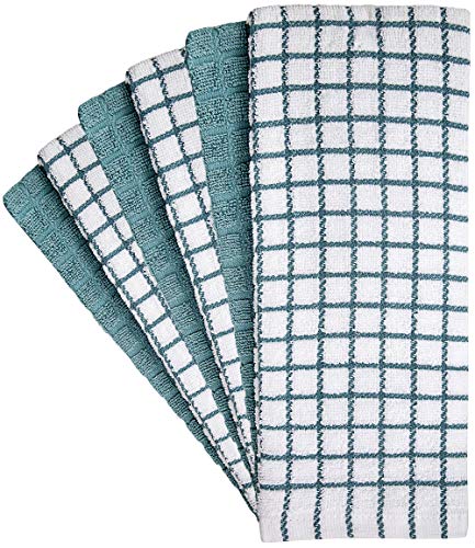 Kitchen Towels 16"x 28" | Dish Towels | Kitchen Hand Towels | Large Dishcloths Set | Highly Absorbent Tea Towel, Soft with Hanging Loop | Natural Ring Spun Cotton, 380 GSM | Aqua Check Design - 6 Pack