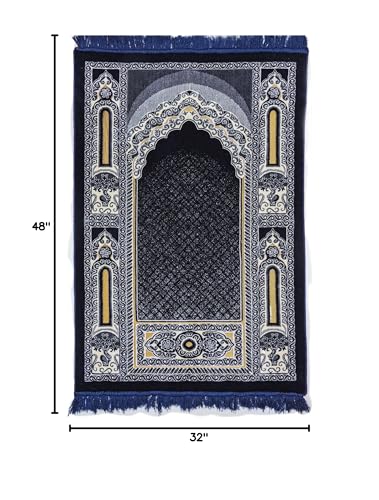 Modefa Islamic Prayer Rug - Double Plush Large & Wide Velvet Carpet - Traditional Muslim Janamaz Sajada - Thick Turkish Prayer Mat for Men & Women- Ramadan or Eid Gift - Floral Mihrab (Navy Blue)