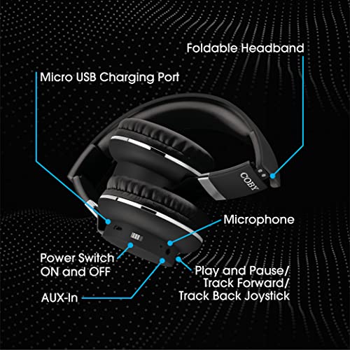 Coby Wireless On-Ear Headphones Bluetooth 5.3 Virtual Assistant Support Portable Folding with Microphone, Music and Call Controls, FM Radio, 6 Hour Battery Life, 33 Feet / 10 Meter Range (Black)