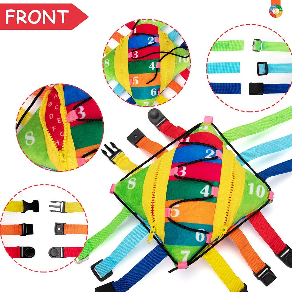 teytoy Sensory Buckle Pillow for Toddler Children Learning Fine Motor Skill & Problem Solving Buckles Educational, Montessori Fidgets Travel Toy for Kids Plush Threading Counting Zipper-12 Basic Skill