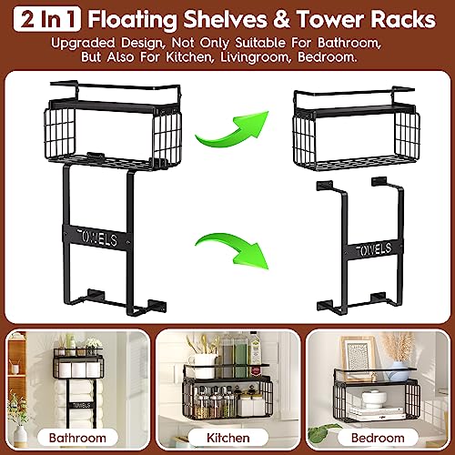 herehomi Floating Shelves for Wall, 2 in 1 Floating Shelves with Towel Racks for Bathroom, Bathroom Shelf Wall Shelf Towel Rack, Bathroom Towel Holder Bathroom Shelf Organizer Wall Mounted, Black