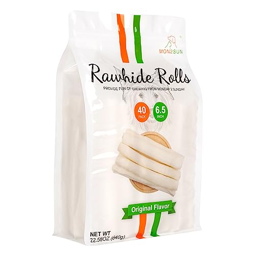 MON2SUN Dog Rawhide Rolls Twist Sticks Dog Chew Treats Natural Flavor 6-6.5 Inch 40 Count for Puppy and Small Dogs