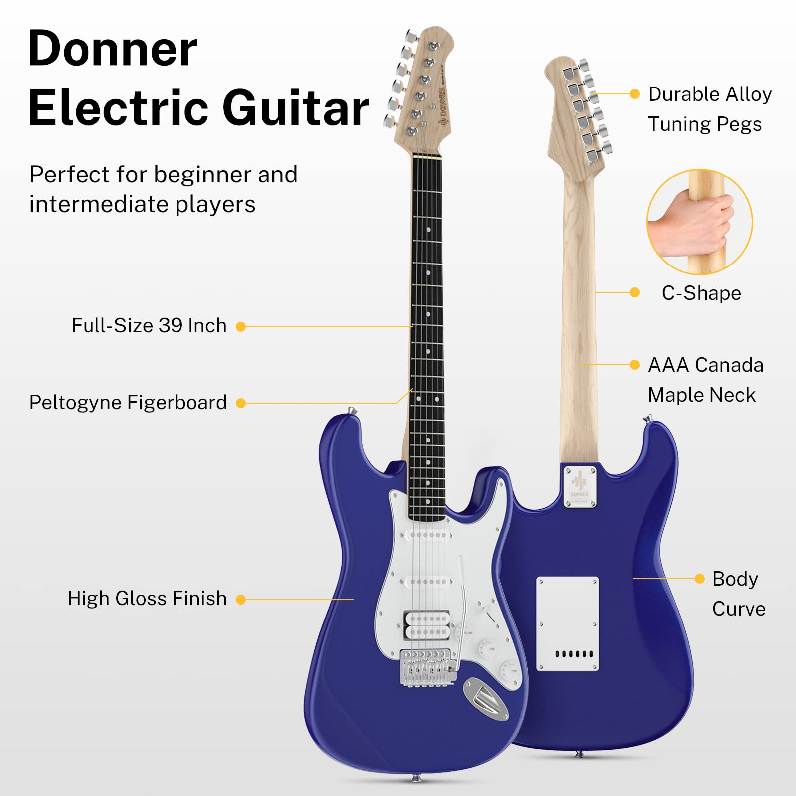 Donner DST-100L 39 Inch Electric Guitar Beginner Kit Solid Body Full Size Puple Sapphire Blue HSS Pick Up for Starter & Donner Guitar Cable 10 ft 2 Pack