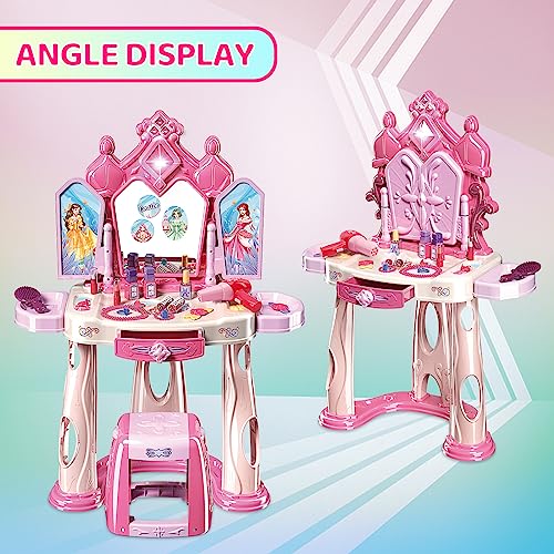 Pretend Play Girls Makeup Table Set with Stool,Open Doors by Gestures,Kids Vanity Set with Lights and Music,Toddler Beauty Salon Set with Makeup Accessories & Hair Dryer Toy for Toddlers 3-5 Years Old