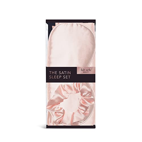 Kitsch Satin Sleep Set | Softer Than Silk Pillowcase and Eyemask Set - Includes 1 Pillowcase | 1 Eye Mask | and 1 Volume Scrunchie for Hair (Blush)