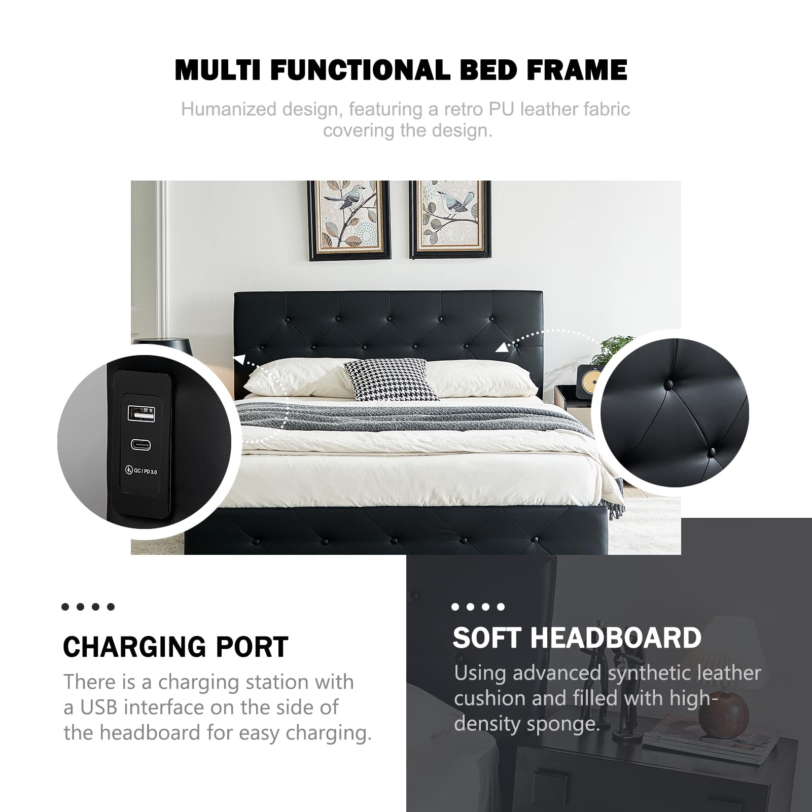 ECHINGLE King Size Bed Frame, 4 Storage Drawers and Faux Leather Upholstered Headboard, Diamond Stitch Button Tufting, Mattress Base with Wood Slat Support, No Box Spring Required,Black