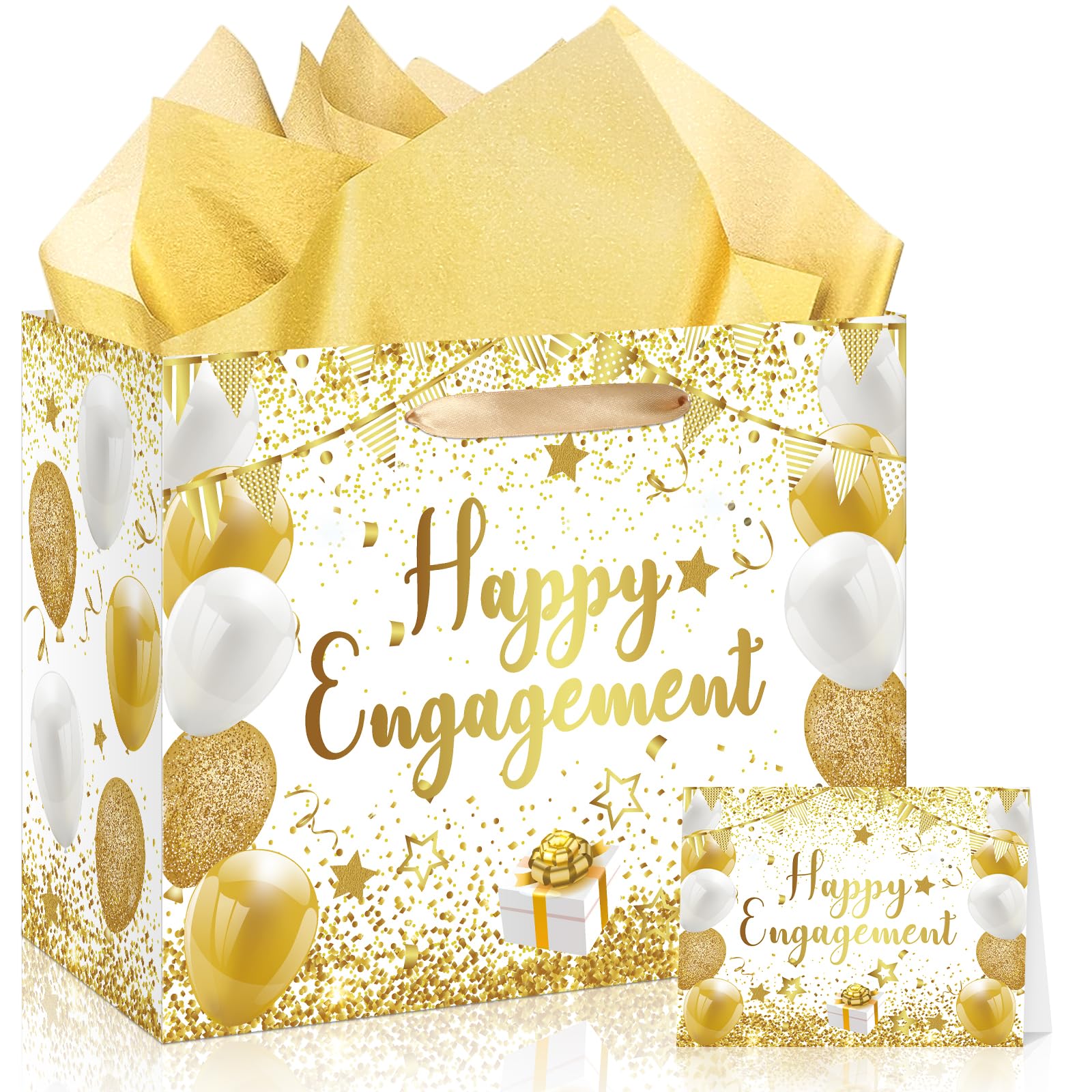 Engagement Party Gift Bags White Gold Engagement Gift Bags with Tissue Paper Card Christmas Engagement Gift Wrapping Paper Bag Happy Engagement Gift Bag Card Gold Engagement Party Decoration Supplies